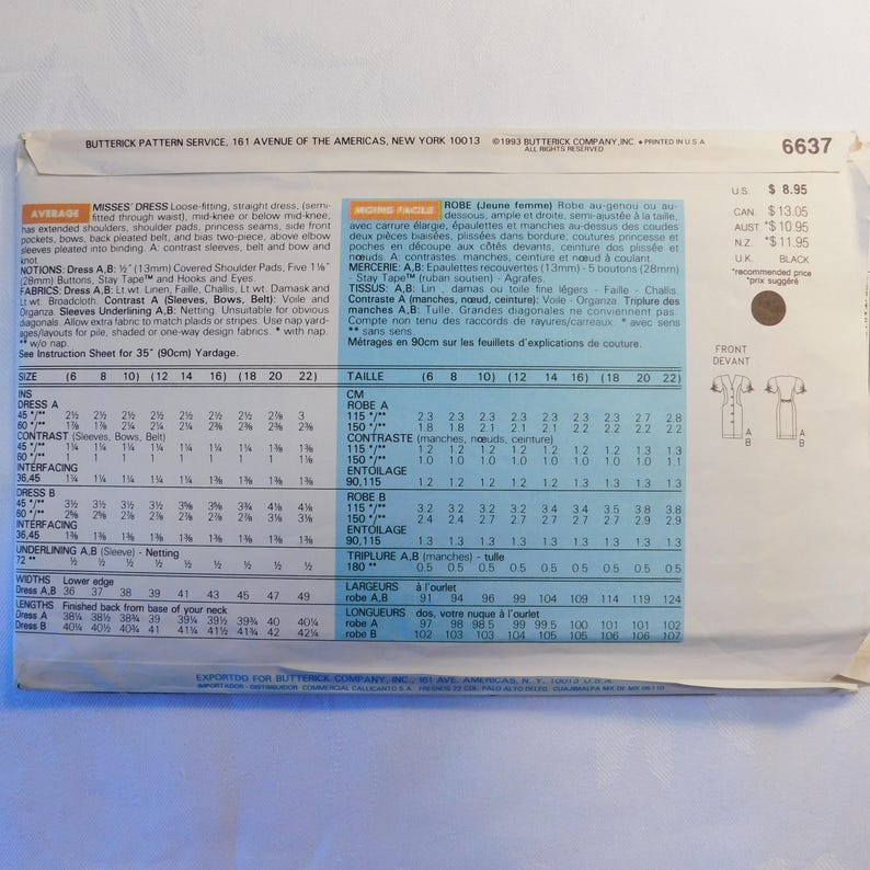 Vintage Butterick David Warren Women's Dress Sewing Pattern 6637 Misses ...