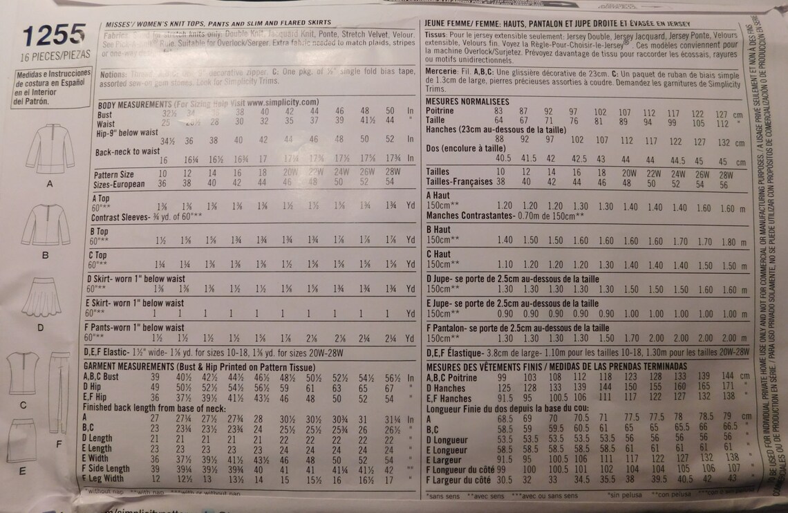 Sewing Pattern Simplicity 1255 AA Size 10-18 Misses Top Long - Etsy