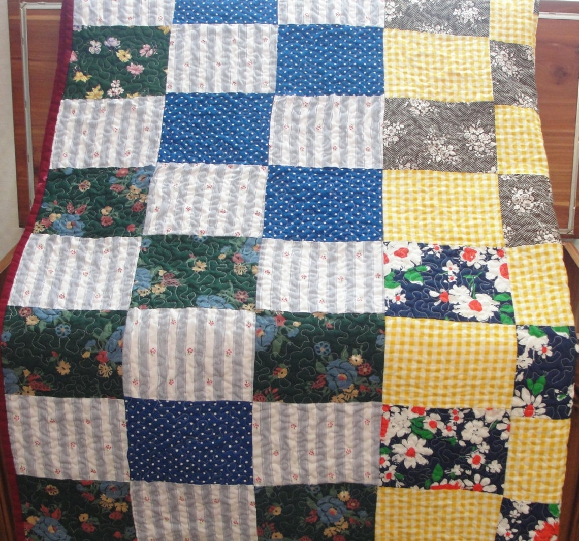 Full Size Vintage Quilt Top, Blue and Yellow 4 Prints, 70 X 90 White ...