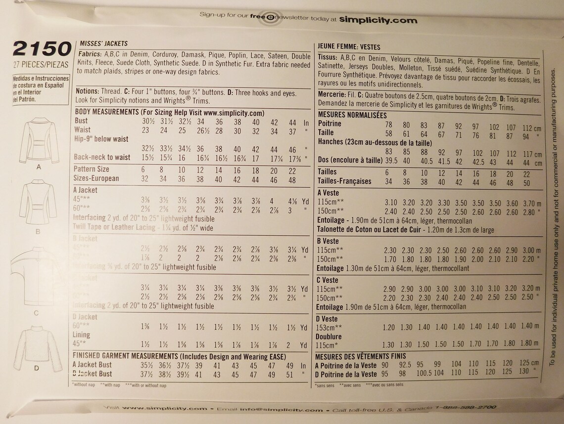 Simplicity Sewing Pattern 2150: Misses Jacket, Size 6-14 - Etsy