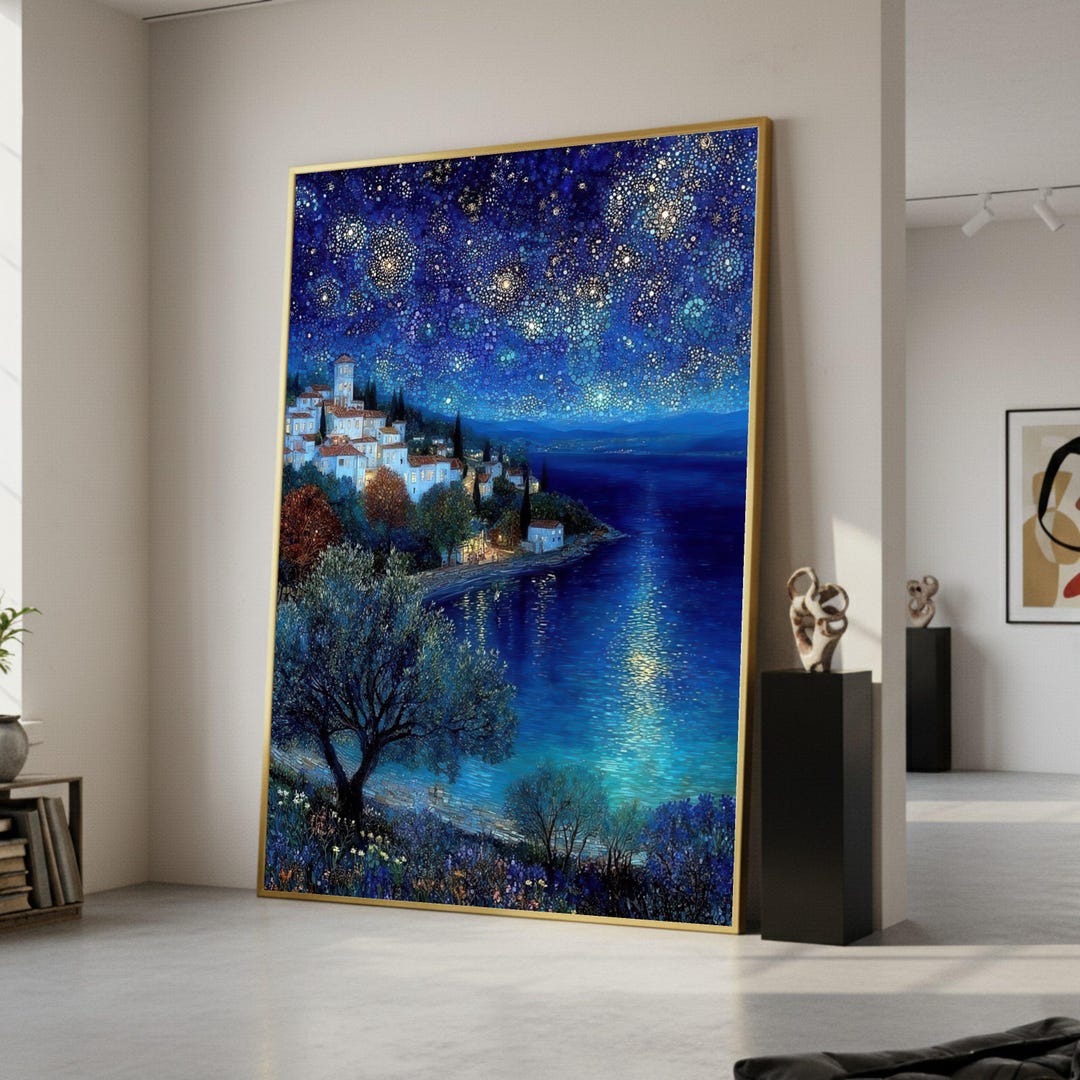 Starry Night Village, Coastal Landscape Canvas, Framed Wall Art, Night ...