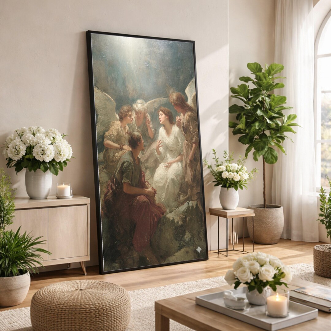 Angelic Figures Gathering, Classic Framed Art, Vintage Religious Canvas ...