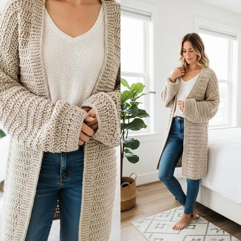 Textured Open Front Cardigan Crochet Pattern for Women | Cozy Long ...