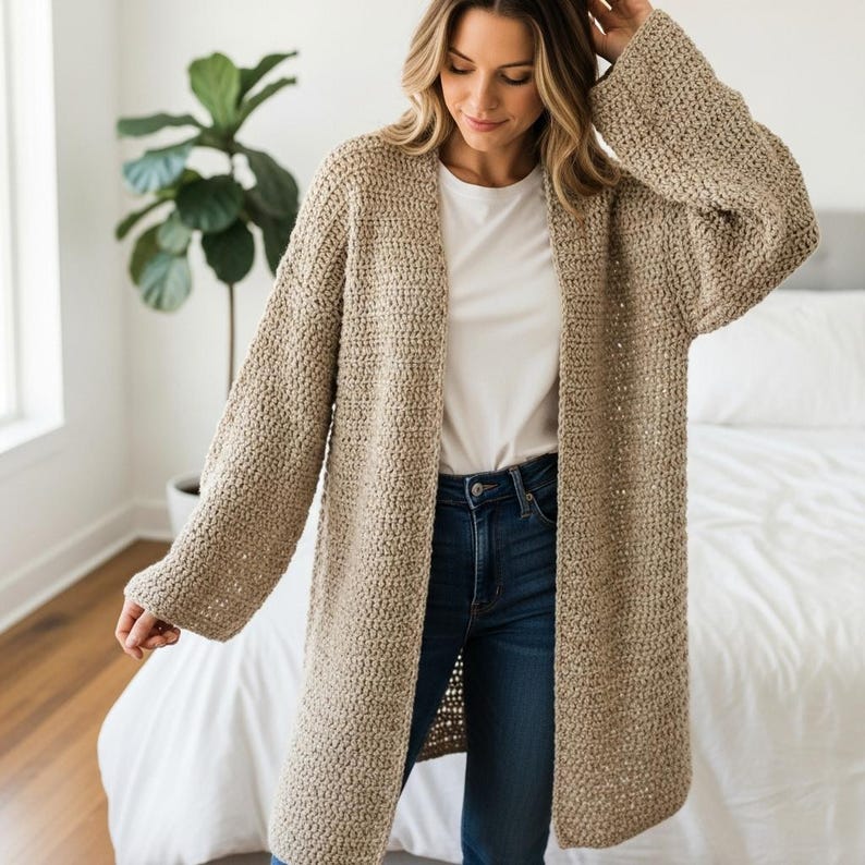 Textured Open Front Cardigan Crochet Pattern for Women | Cozy Long ...