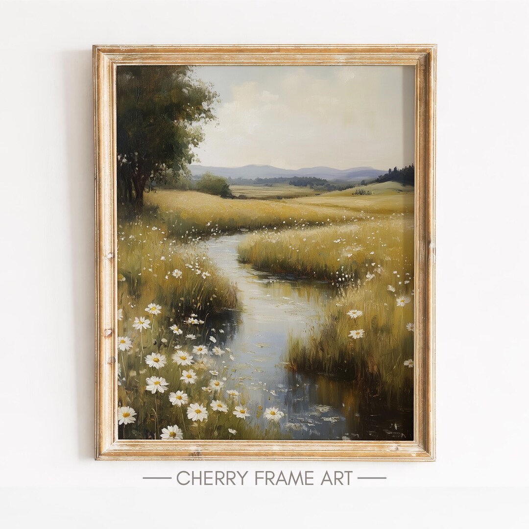 Pintura al óleo imprimible de un paisaje de campo de flores silvestres ...