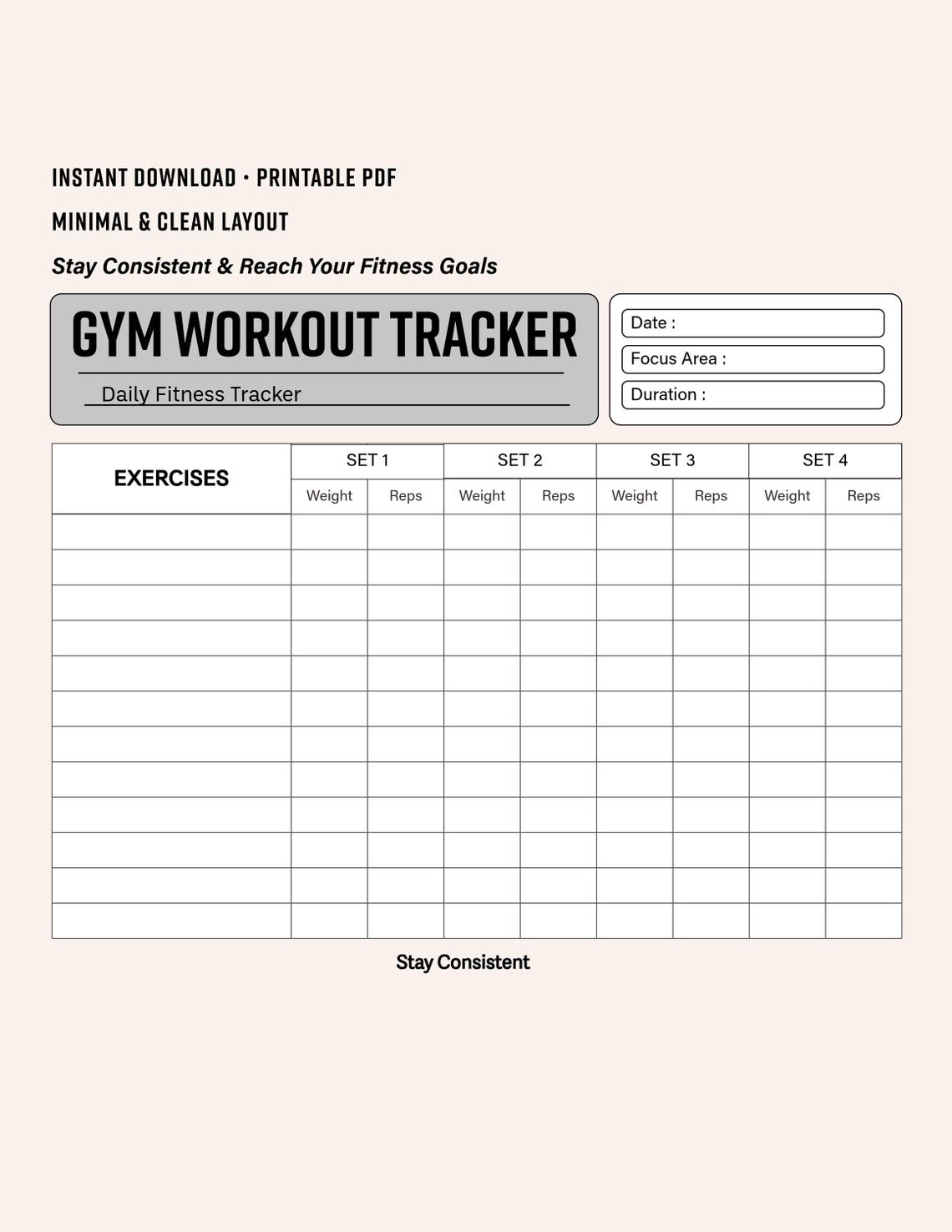 Minimal Gym Workout Tracker | Fitness Log Sheet (printable PDF) - Etsy UK