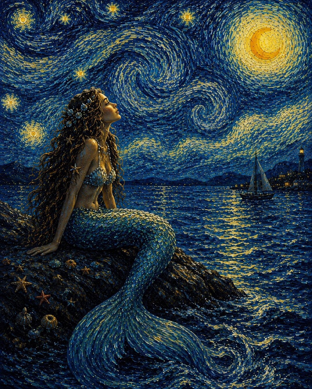 Mermaid Wall Art Bundle Set of 4, Van Gogh Inspired Starry Night Ocean ...