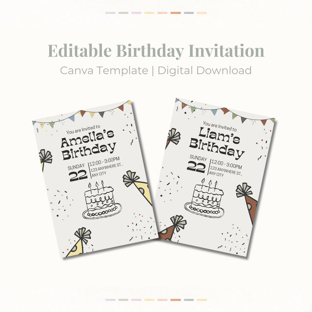 Neutral Kids Birthday Invitation | Editable Canva Template (digital ...