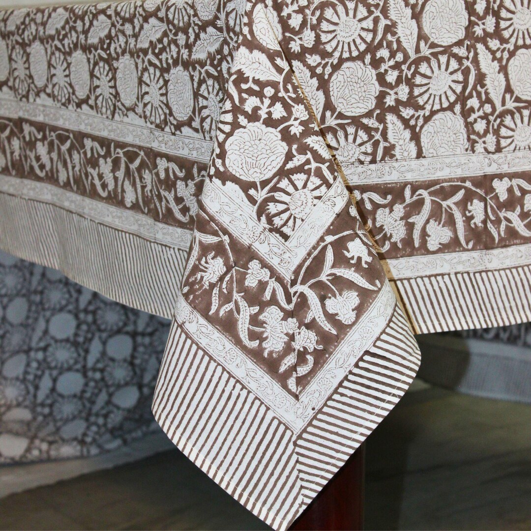 Buy Autumn Taupe Floral Indian Hand Block Printed Tablecloth – Cotton ...