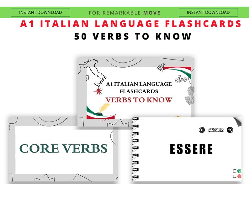 A1 Italian Verb Flashcards for Remarkable Move (PDF Download) - Etsy
