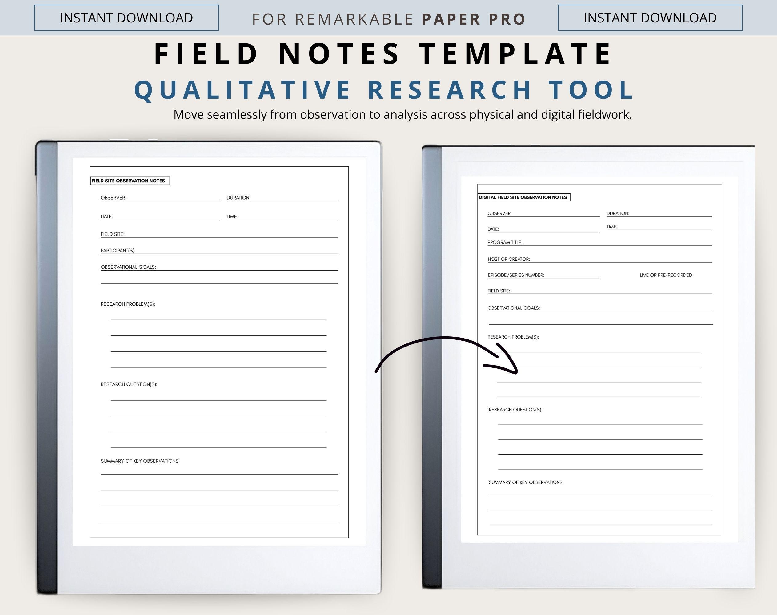 Field Notes Template | Qualitative Research Tool for Remarkable Paper ...