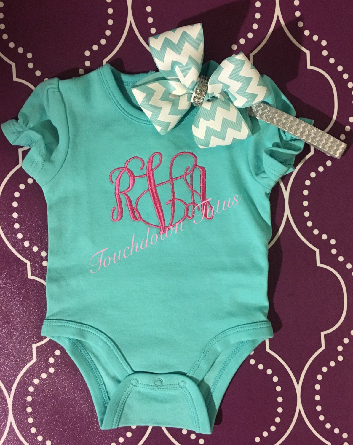 Monogrammed embroidery onesie with ruffle sleeve and bow | Etsy