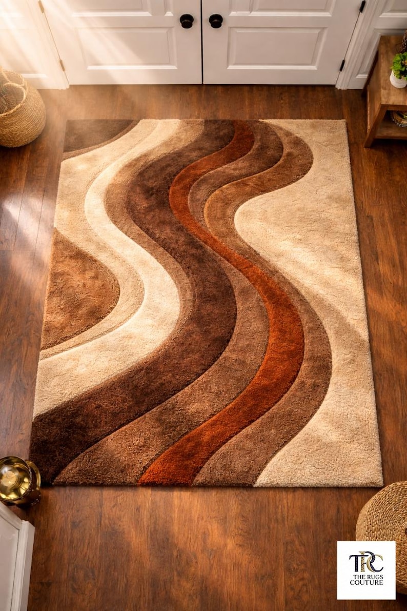 Modern Beige Brown Wave Design Hand Tufted Wool 8x10 Area Rug for ...