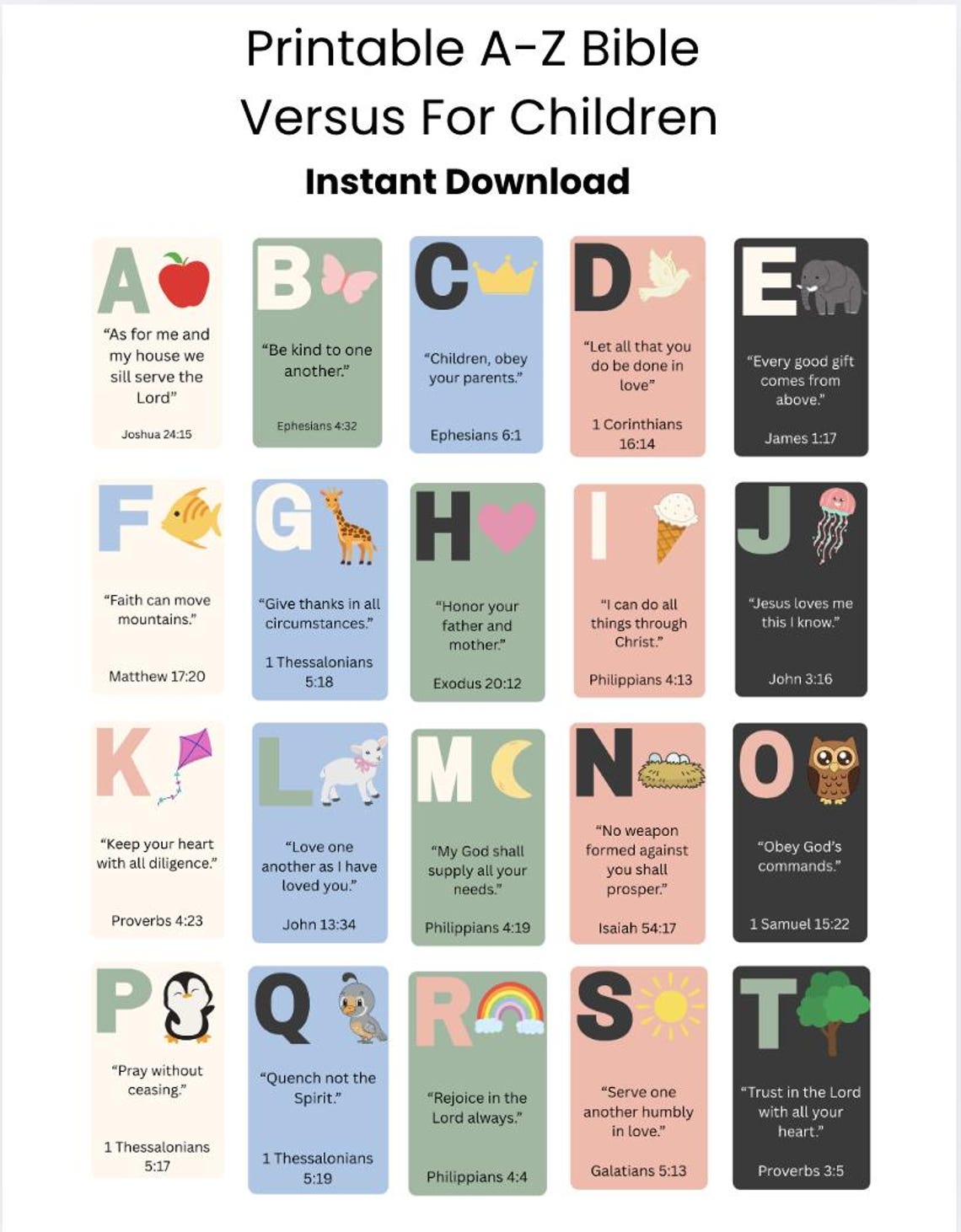 Bible Alphabet Cards for Kids | A to Z Bible Verses Printable ...