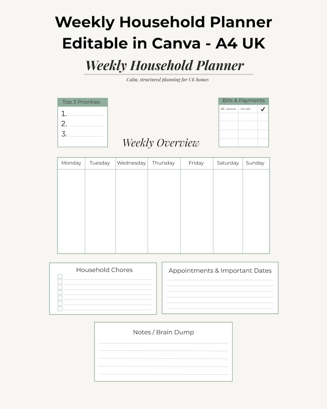 Editable Weekly Household Planner - ADHD Friendly - A4 UK - Canva ...