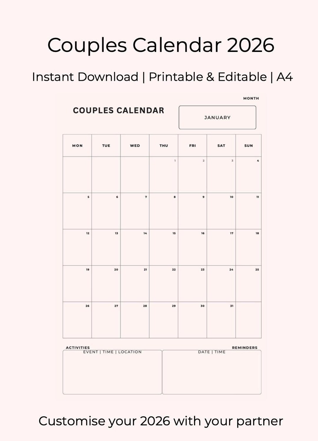 Couples Monthly Planner | Shared Calendar | Printable & Editable - Etsy
