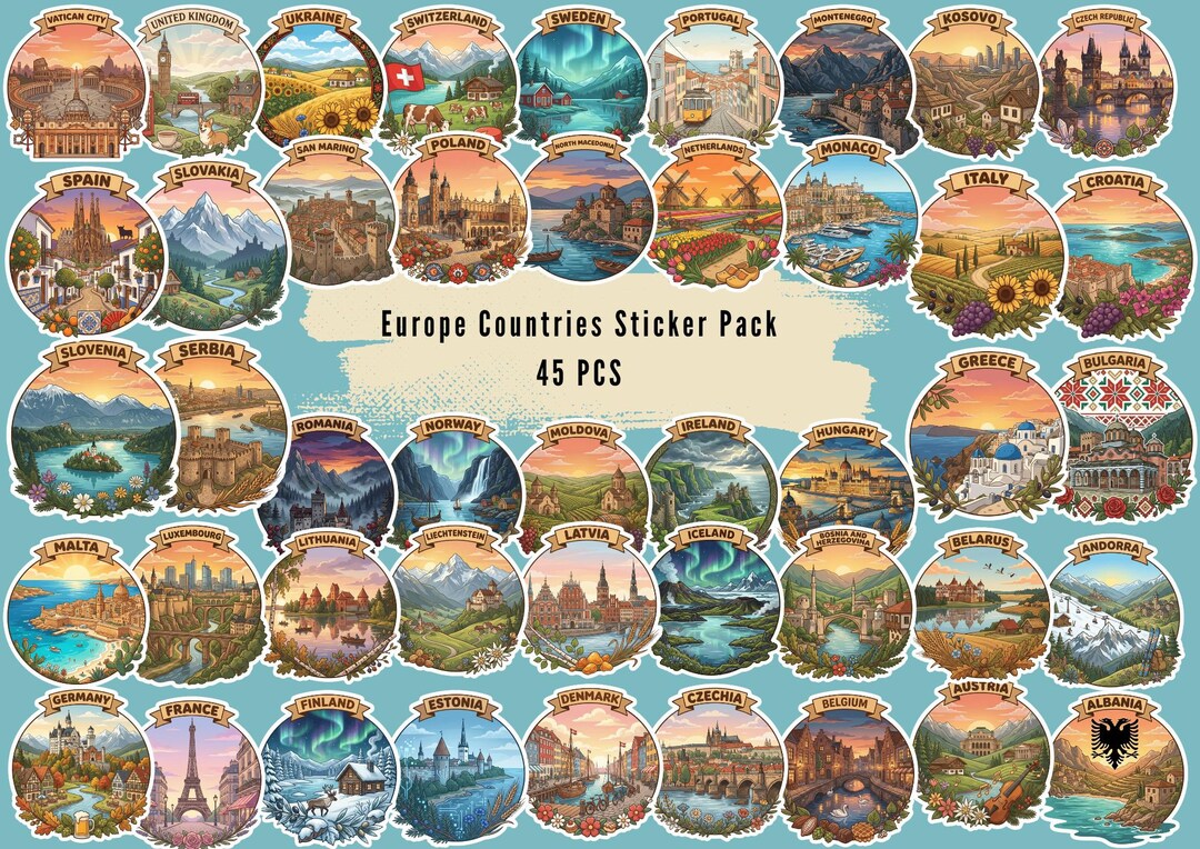 Europe Countries Sticker Pack (45 PCS) | Travel Europe Stickers ...