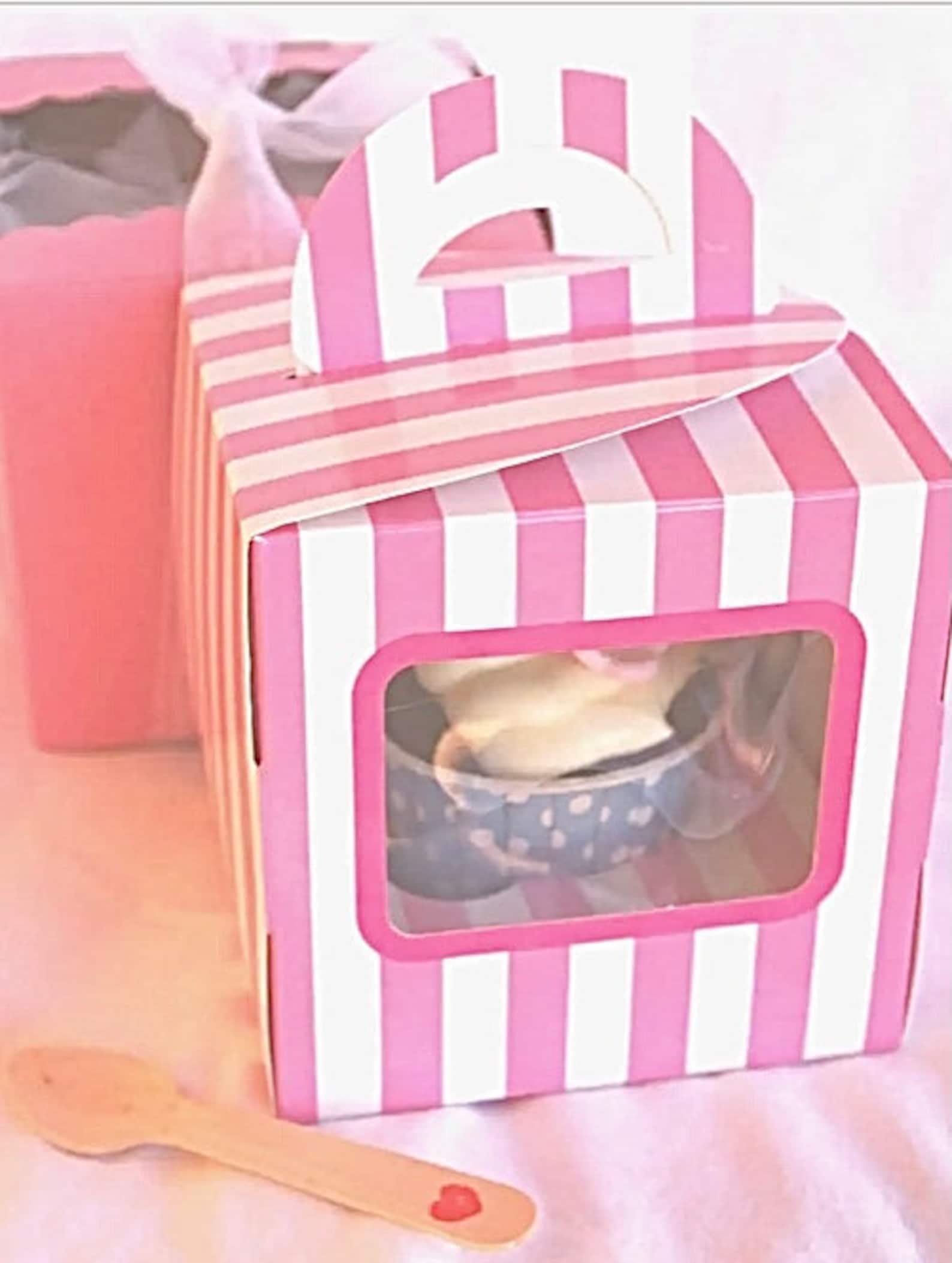 5 Pink Candy Stripe Cupcake Boxes With Window Pink-for Favors - Etsy