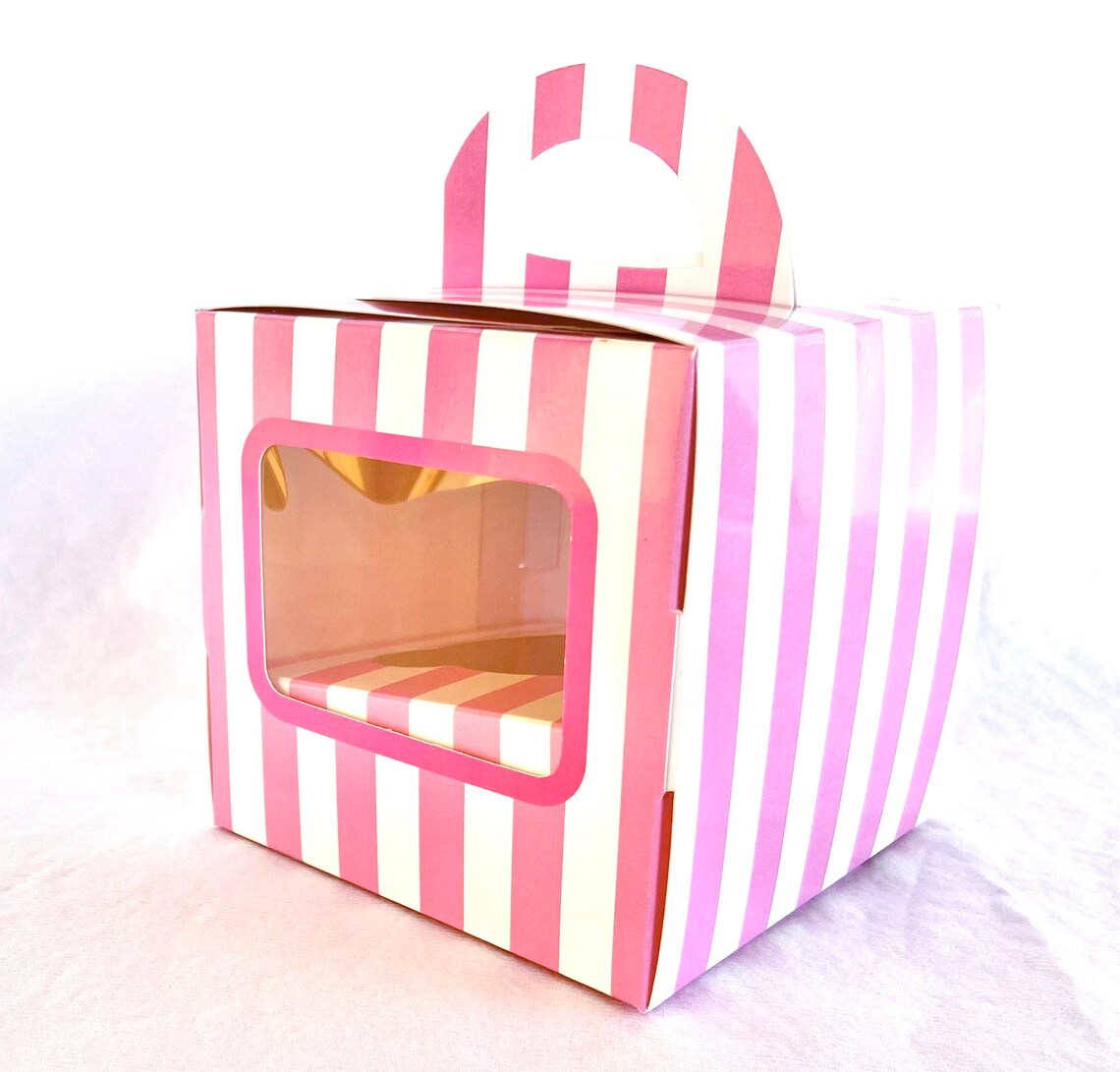 5 Pink Candy Stripe Cupcake Boxes With Window Pink-for Favors - Etsy