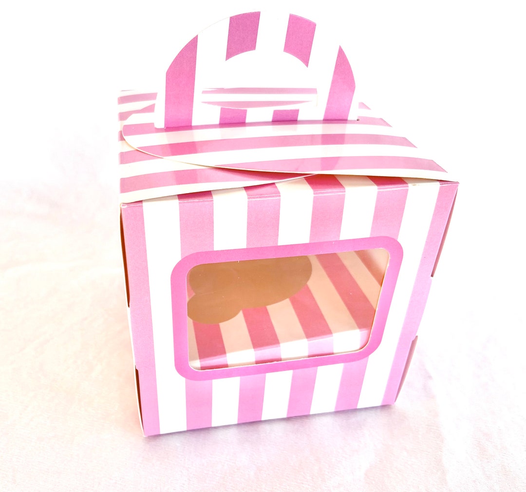5 Pink Candy Stripe Cupcake Boxes With Window- Pink-for Favors or ...