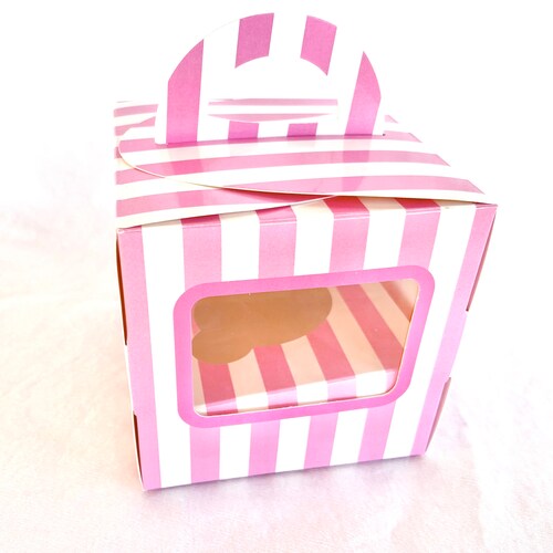 5 Pink Candy Stripe Cupcake Boxes With Window Pink-for Favors - Etsy