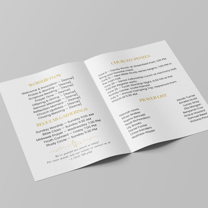 Church Bulletin Program Template, Church Announcement Bifold Brochure ...