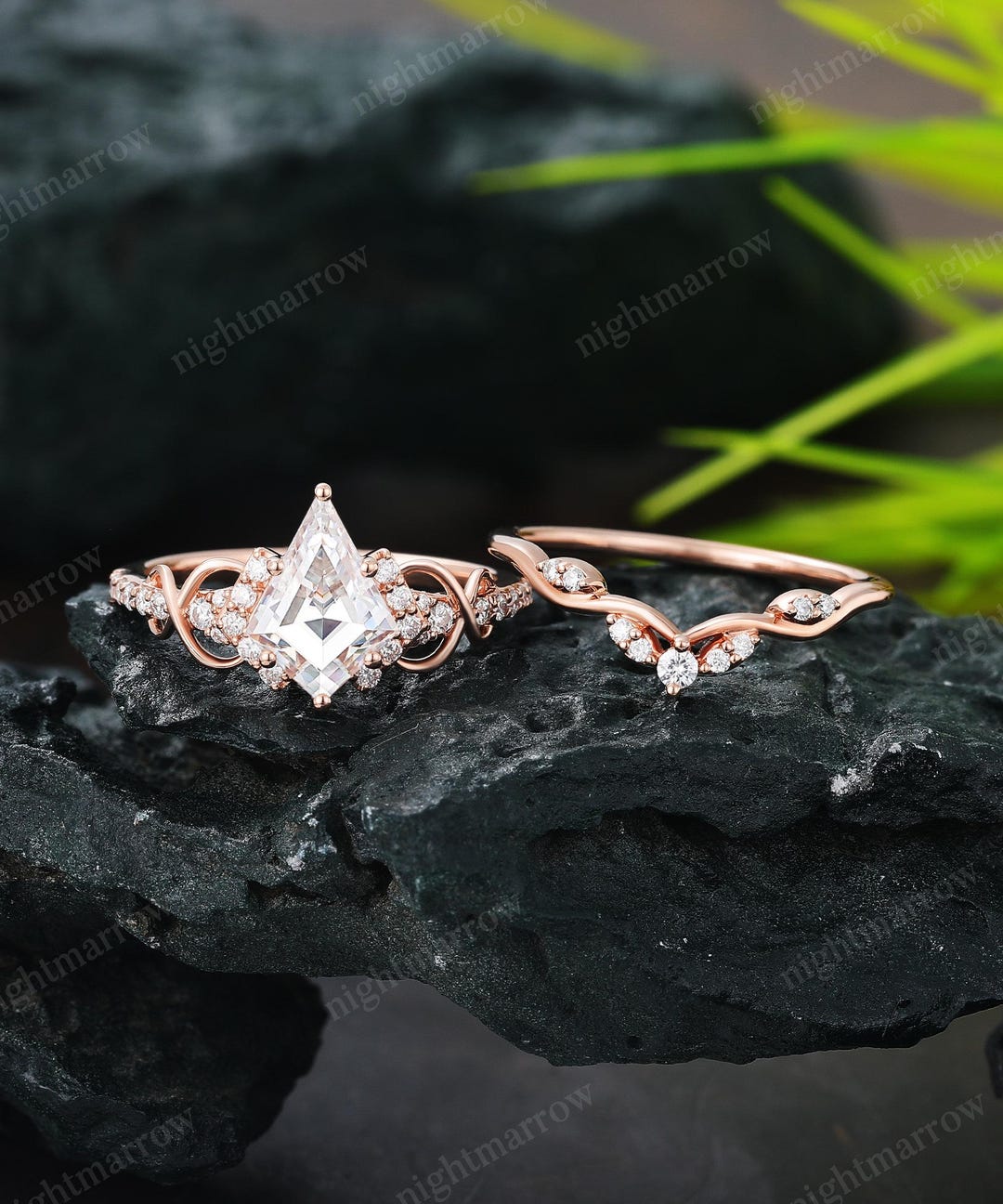 Kite Cut Moissanite Engagement Ring Set Art Deco 14K Rose Gold Twisted ...
