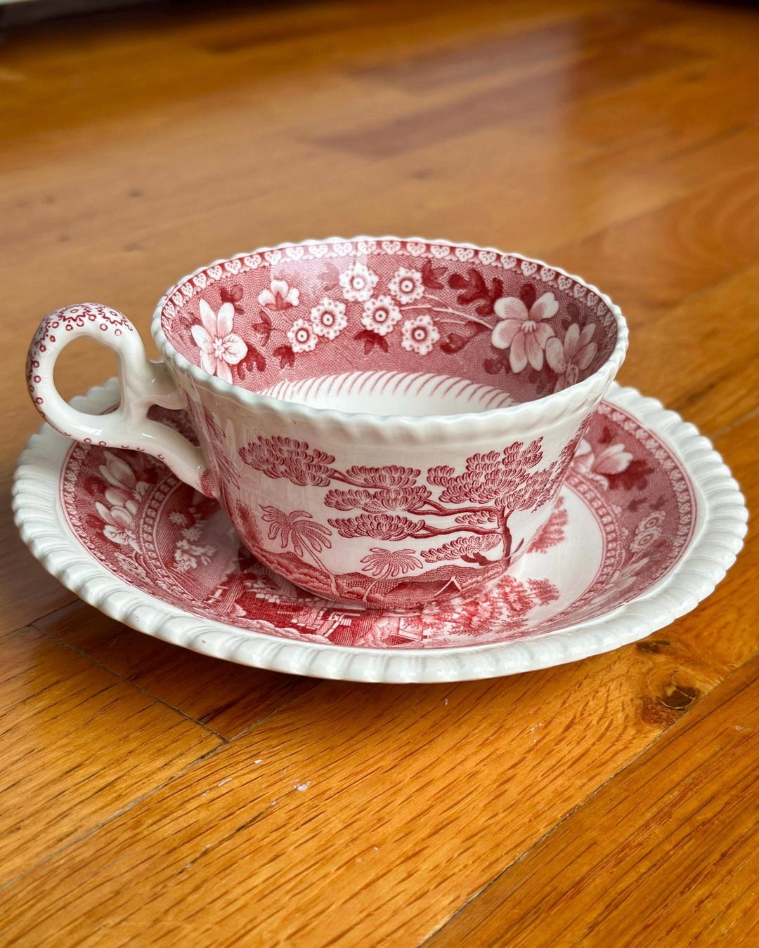 Antique Copeland Spode Pink Tower Teacup and Saucer, Red Transferware ...