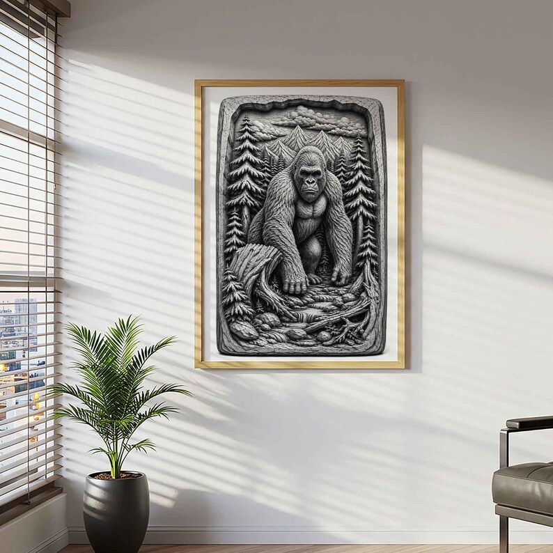 Gorilla 3D Illusion Wood Engraving PNG, Forest Mountain Wildlife Wall ...