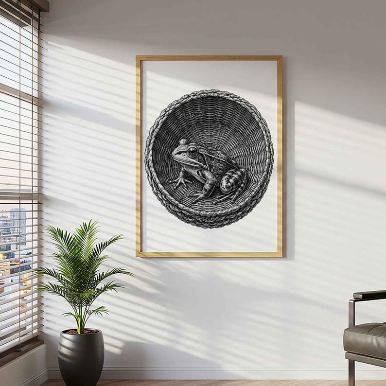 Frog Basket Wood Engraving PNG, Tree Frog Wildlife Wall Art, Rustic ...