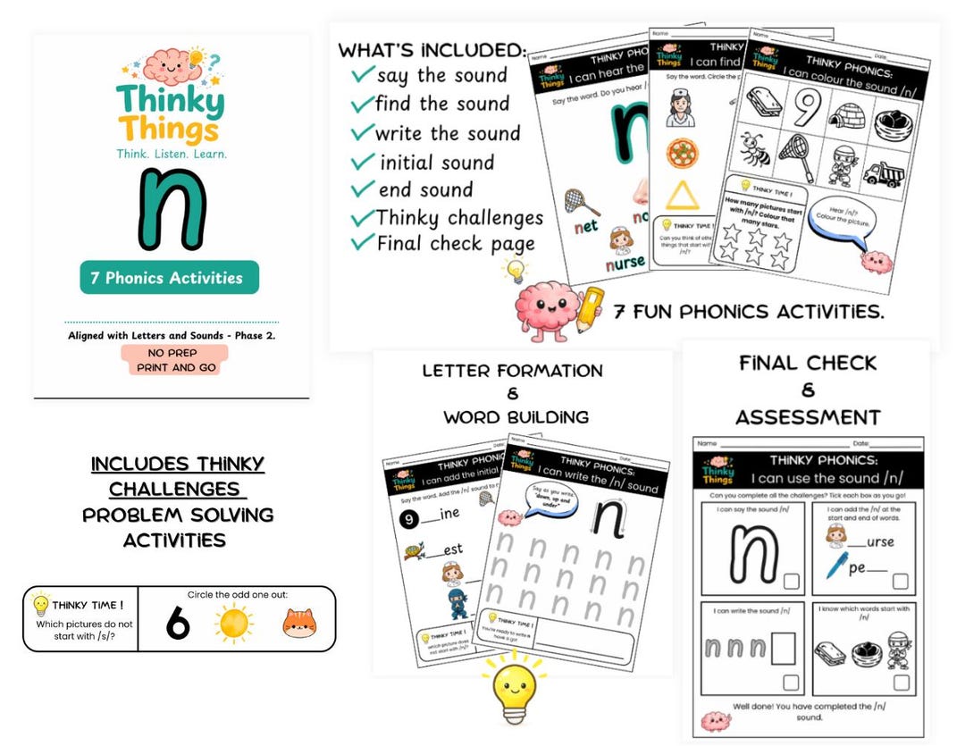 Phonics Worksheets Phase 2 - Letter N - SATPIN - EYFS - Includes 7 ...