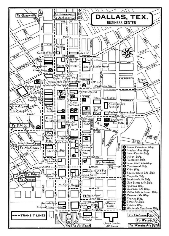 1949 Vintage Map of Downtown Dallas Texas Print Poster | Etsy