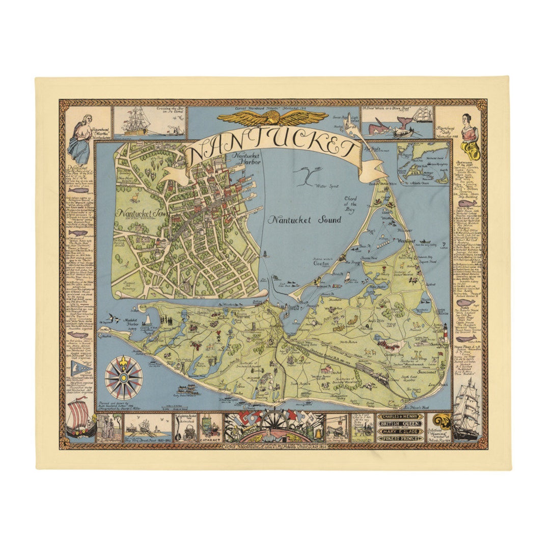 Nantucket - Map - Blanket - Vintage - Pictorial - Throw Blanket ...