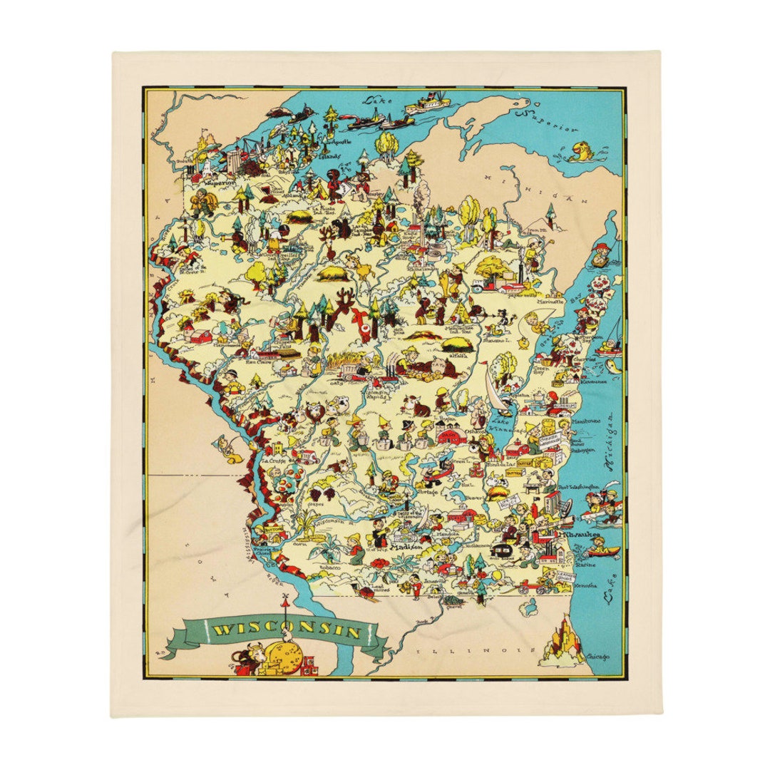 Wisconsin - Blanket - Map - Cartoon - Pictorial - Throw Blanket - Etsy