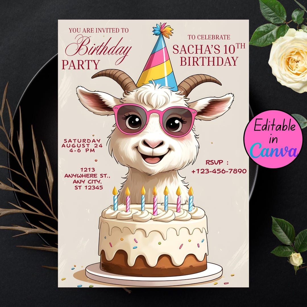 Funny Goat Birthday Invitation, Farm Animal Party Invite, Quirky Goat ...