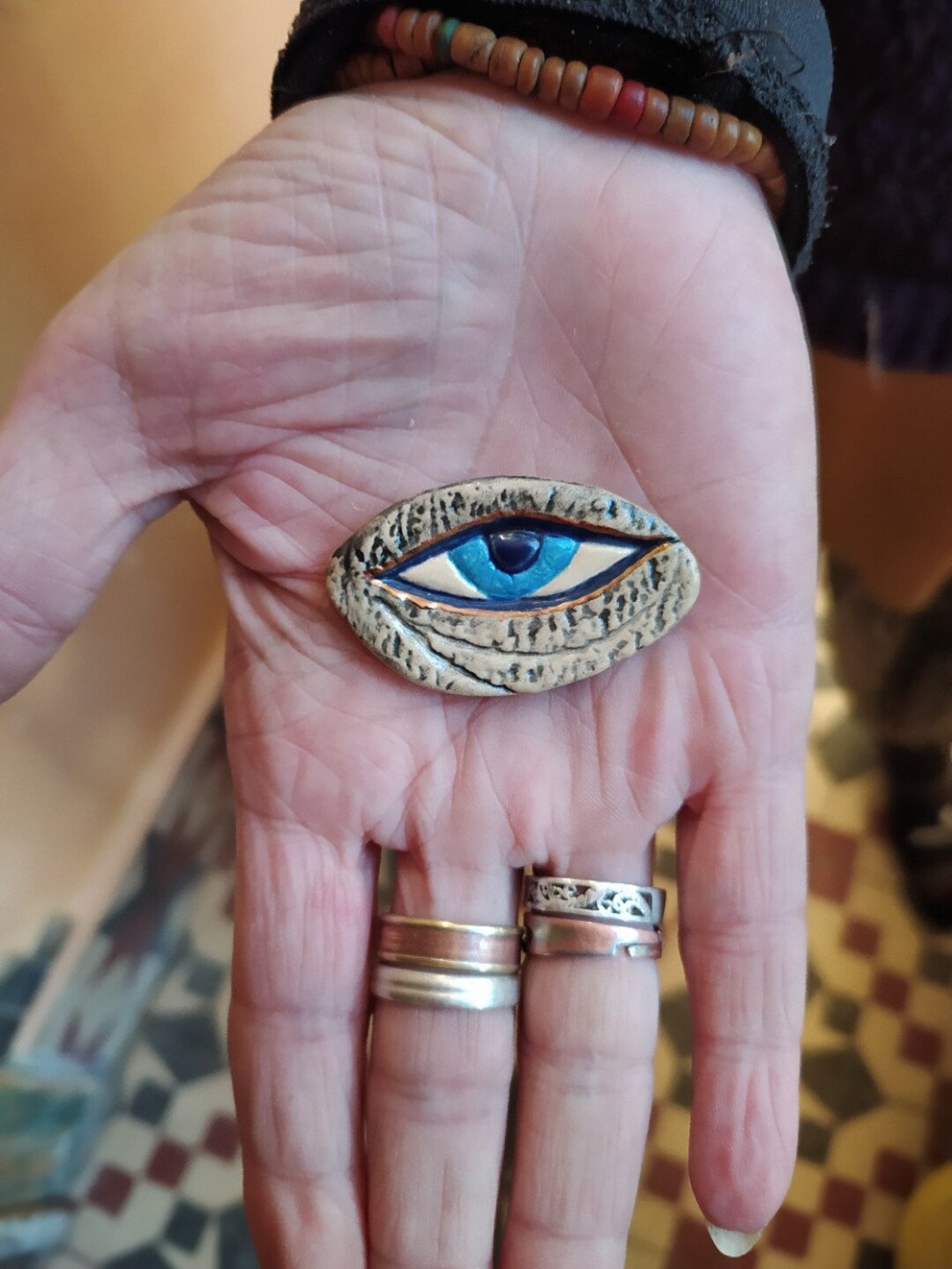 Ceramic Blue Protective Evil Eye Tile or Magnet With Gold Luster 5 X 2. ...