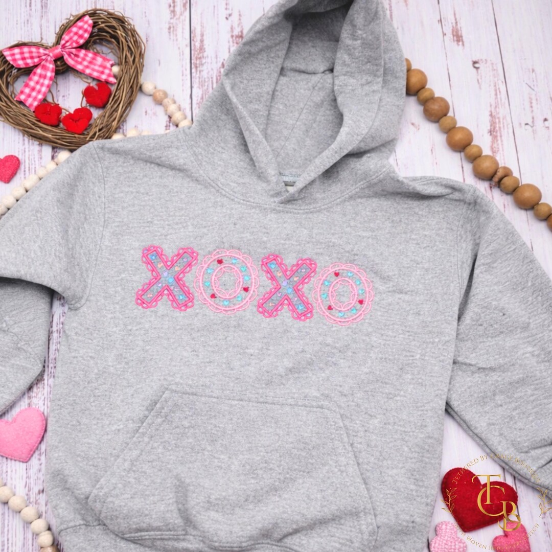 Girls Embroidered XOXO Hearts Valentine Hoodie, Youth Gray Hooded ...