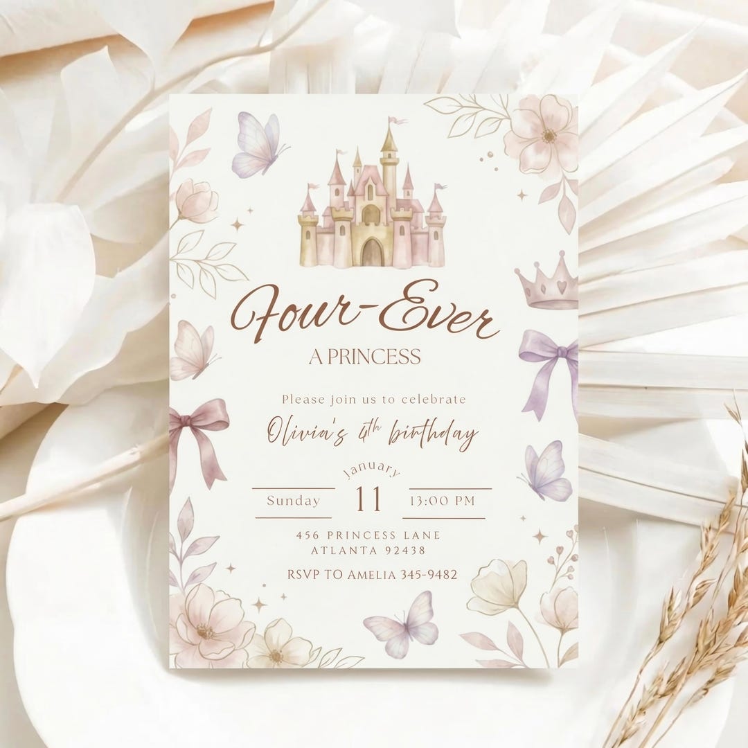 Princess Birthday Invitation Template | Four Ever Princess Party Invite ...