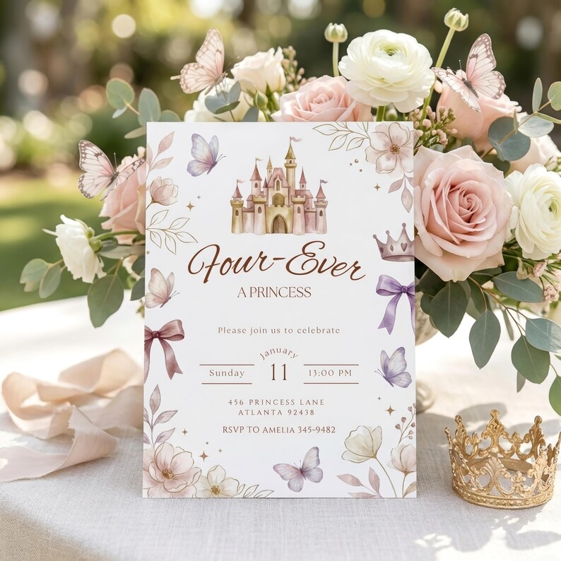 Princess Birthday Invitation Template | Four Ever Princess Party Invite ...