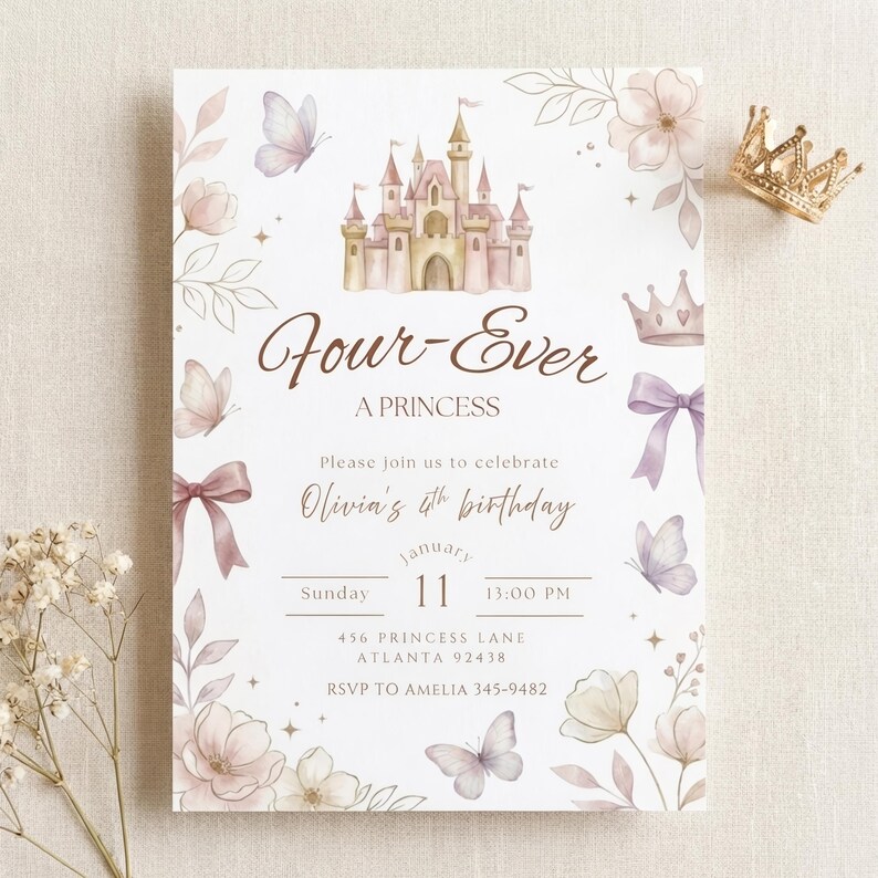 Princess Birthday Invitation Template | Four Ever Princess Party Invite ...
