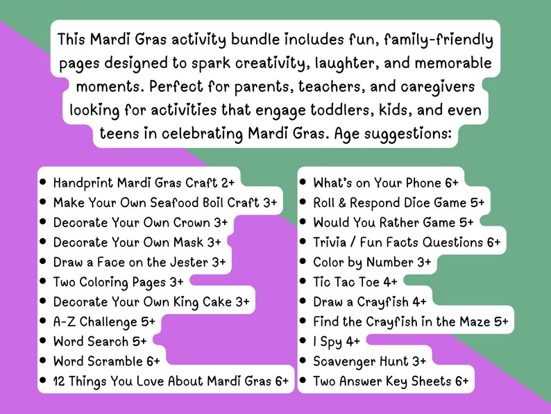 Mardi Gras Kids Activity Bundle | Printable Handprint Craft, Coloring ...