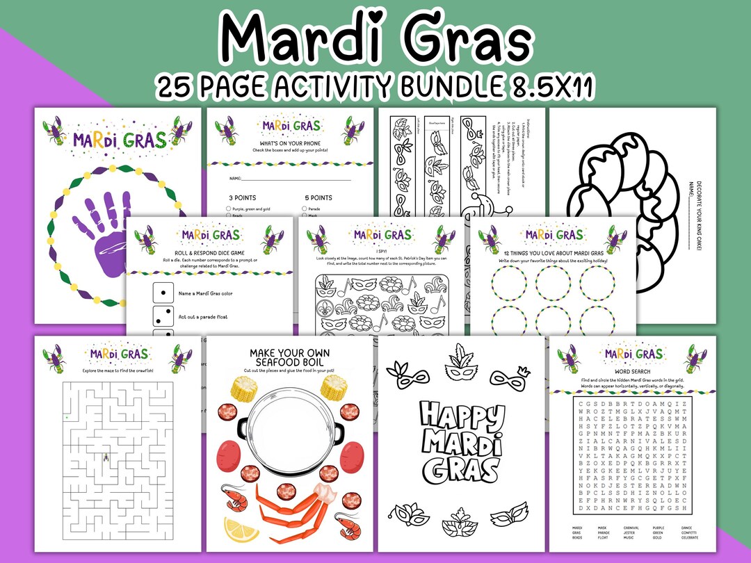 Mardi Gras Kids Activity Bundle | Printable Handprint Craft, Coloring ...