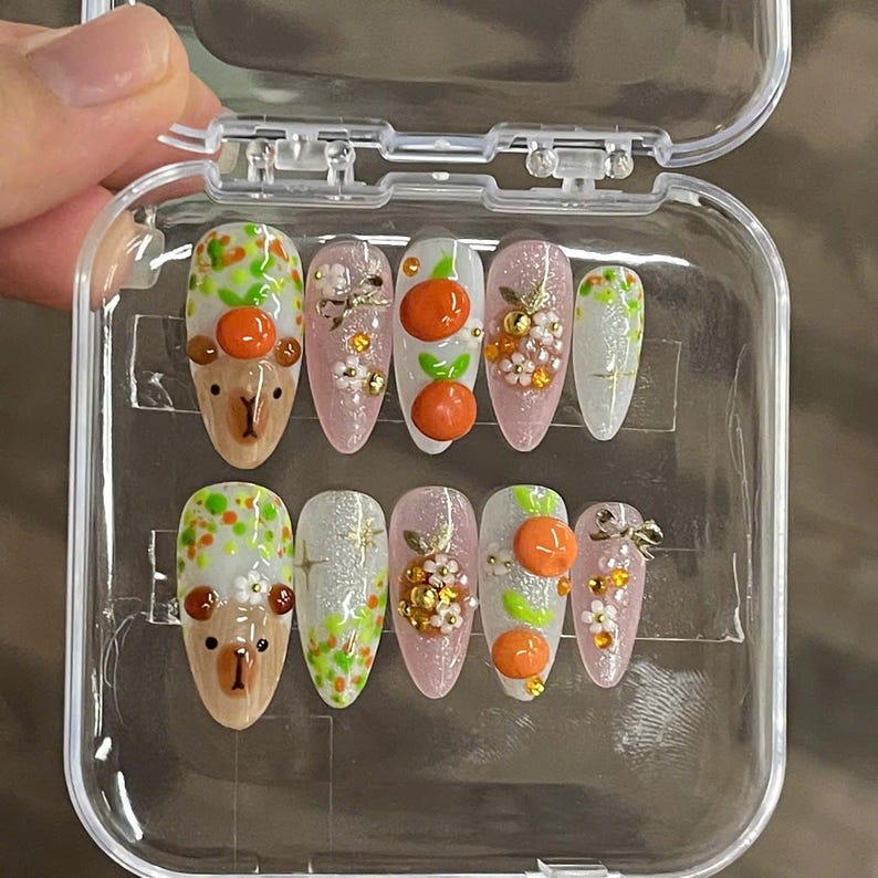 Kawaii Capybara Press on Nails, Luxury 3D Fruit Nails, Handmade Glue ...