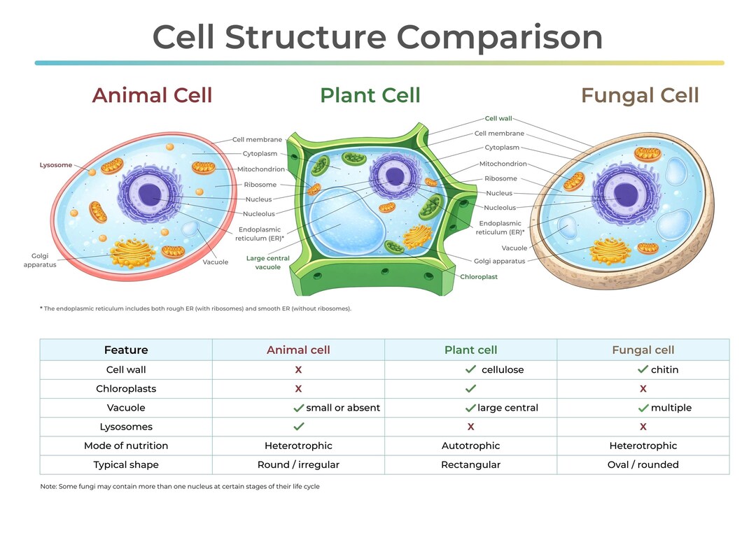 Cell Structure Comparison – Animal, Plant & Fungal Cells. Biology ...