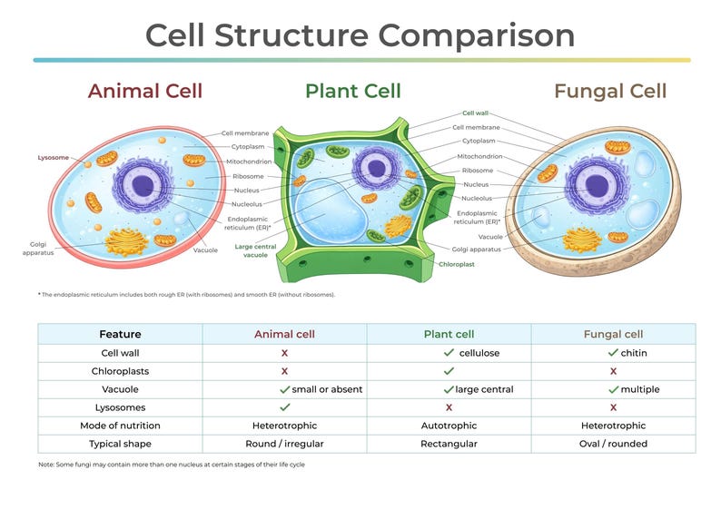 Cell Structure Comparison – Animal, Plant & Fungal Cells. Biology ...