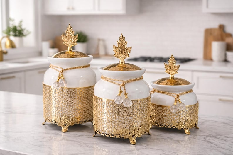 Gold Detailed Ceramic Storage Jar Set With Metal Feet | Spice, Tea ...