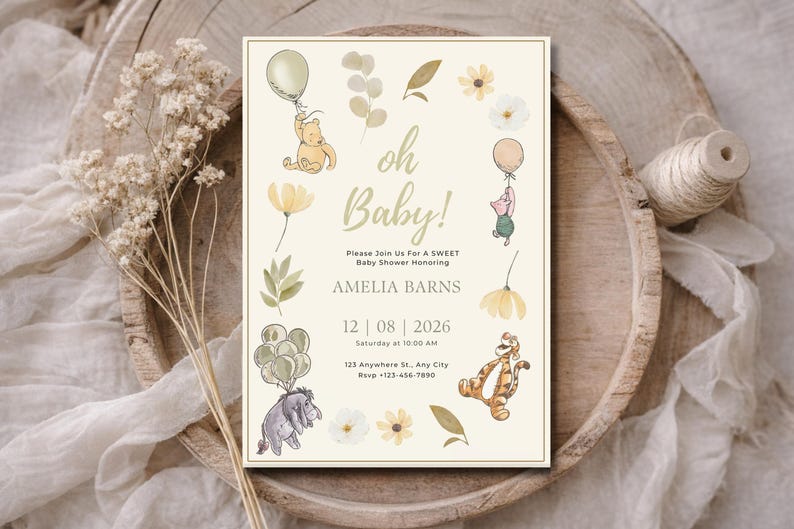 Winnie the Pooh Baby Shower Invitation Template | Editable Canva ...