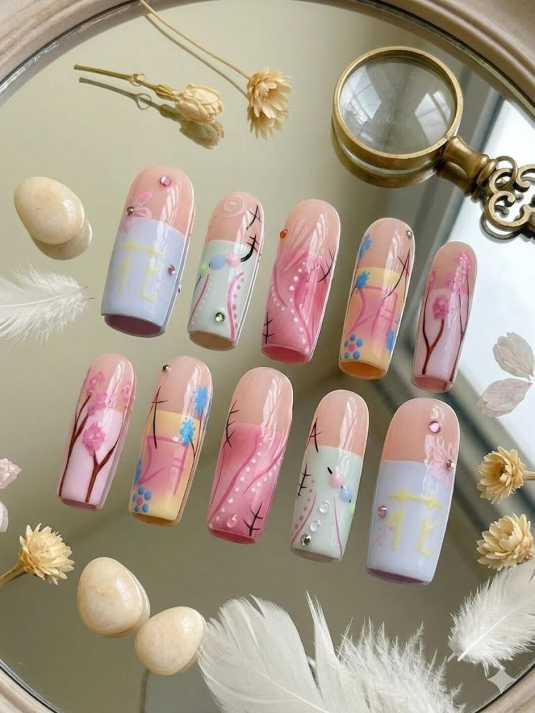 Japanese Sakura Press on Nails, Pastel Cherry Blossom Art, 3D Kawaii ...