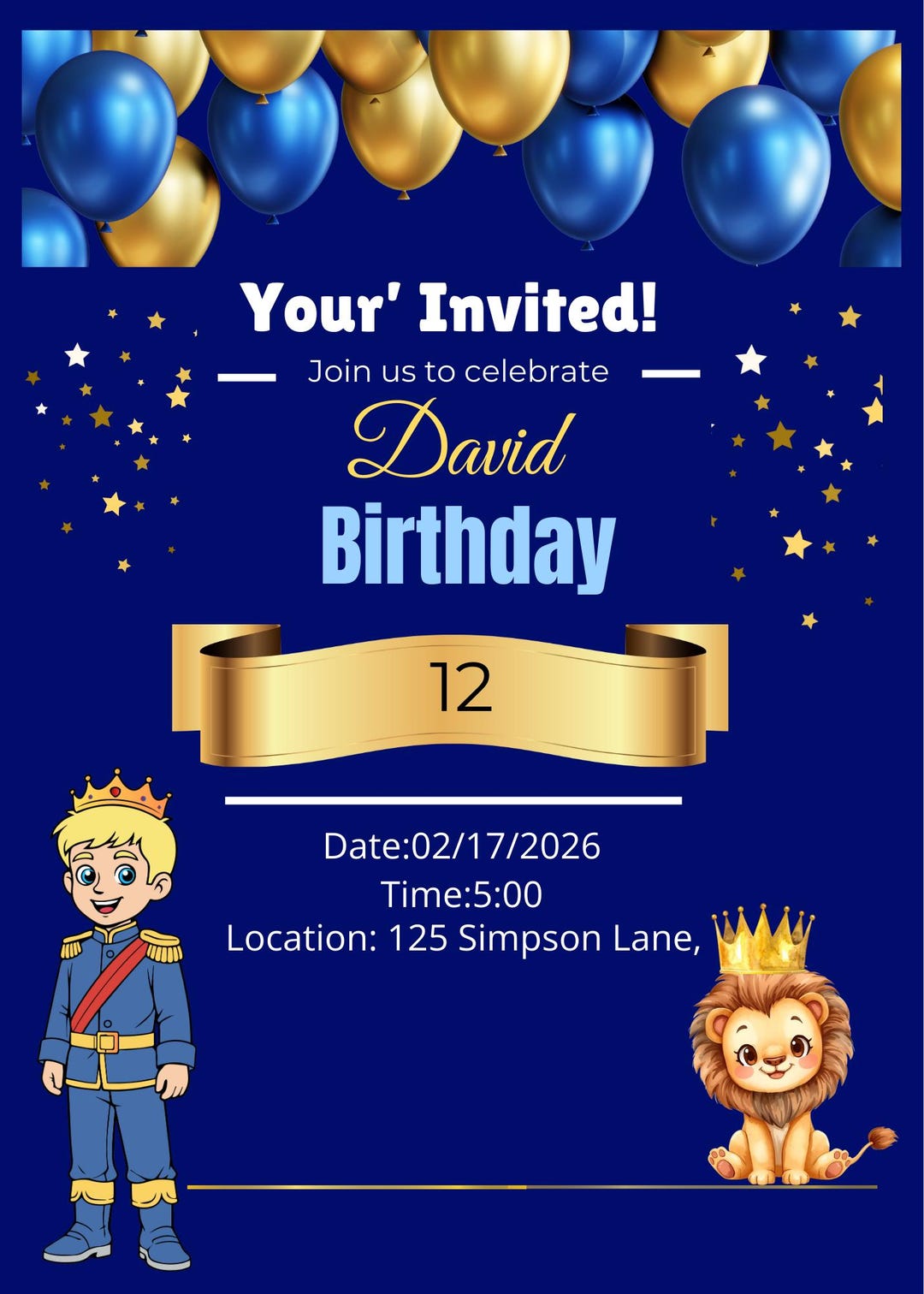 Prince Birthday Invitation/royal Blue and Gold Template/editable Canva ...