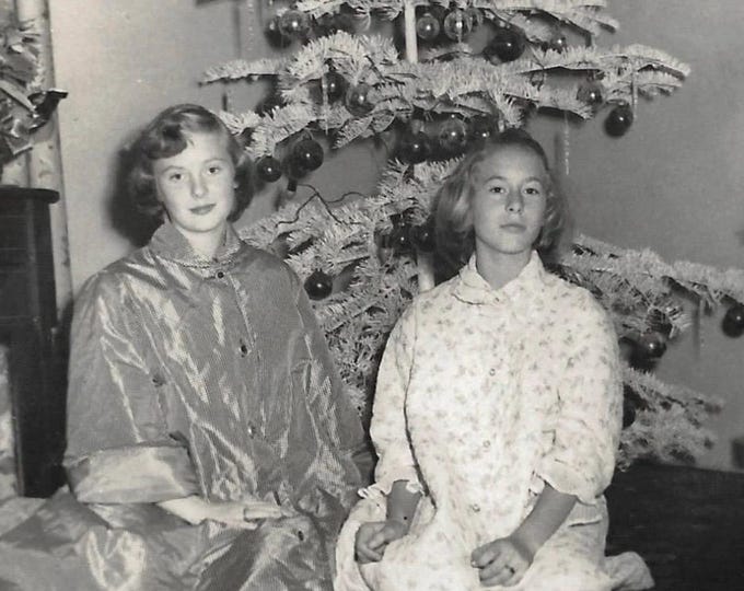 Bored Teen Girls Pose in Front of the Christmas Tree Vintage Photo ...